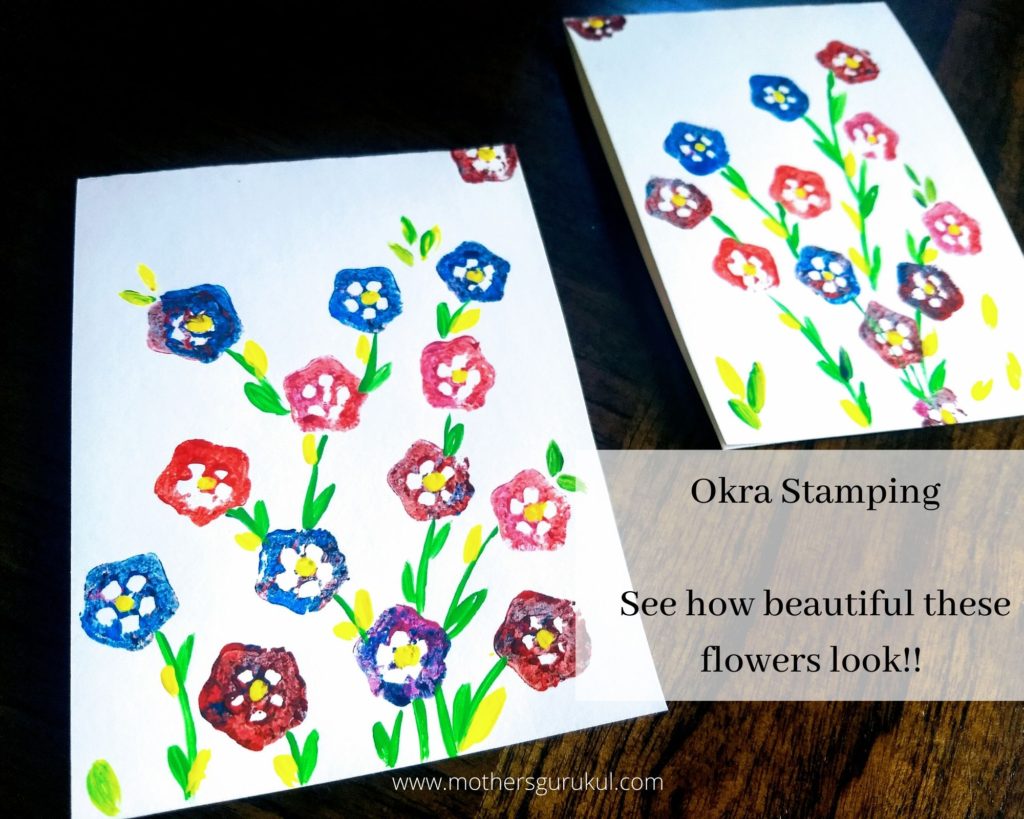 E: Explore the world of colors with kids. Lets do Okra stamping
